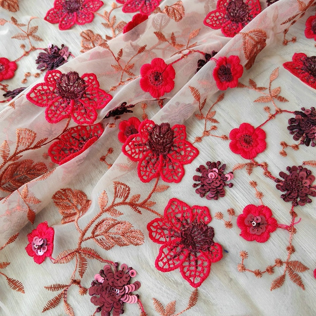 Red Color, Sequin Embroidery Fabric, 3D Tulle Embroidery Lace,multi ...