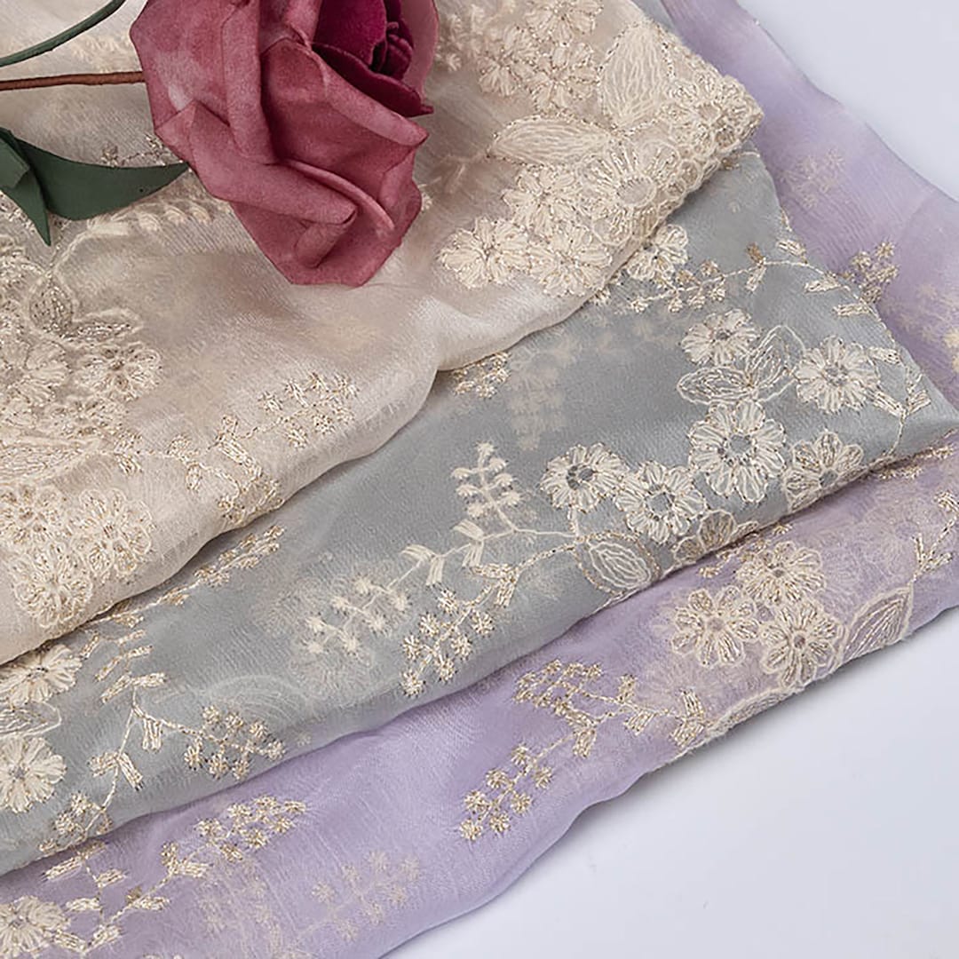 Soft Imitation Silk Chiffon Gold Thread Flower Embroidery, Floral ...