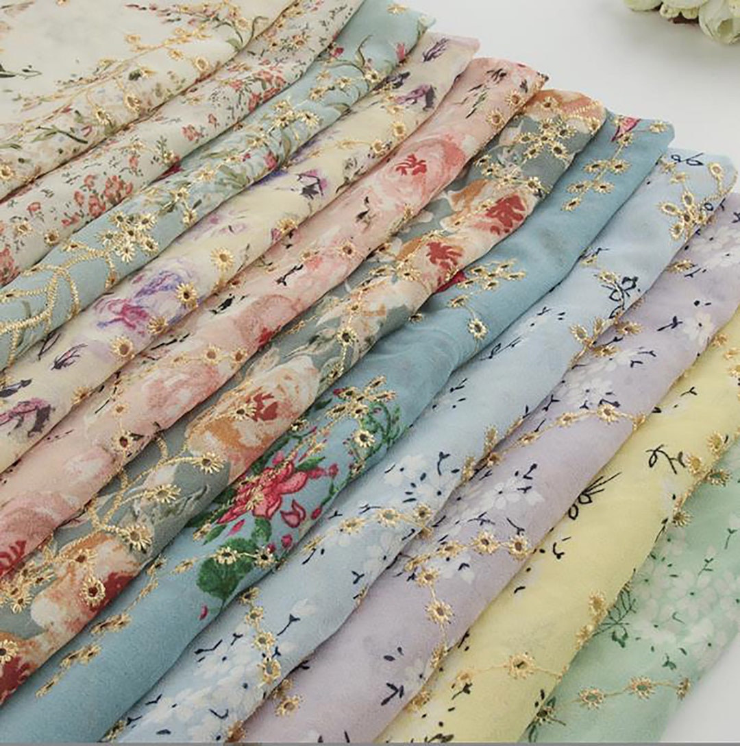 B Delicate Chiffon Floral Print Fabric Embroidery，chiffon Eyelet Lace ...