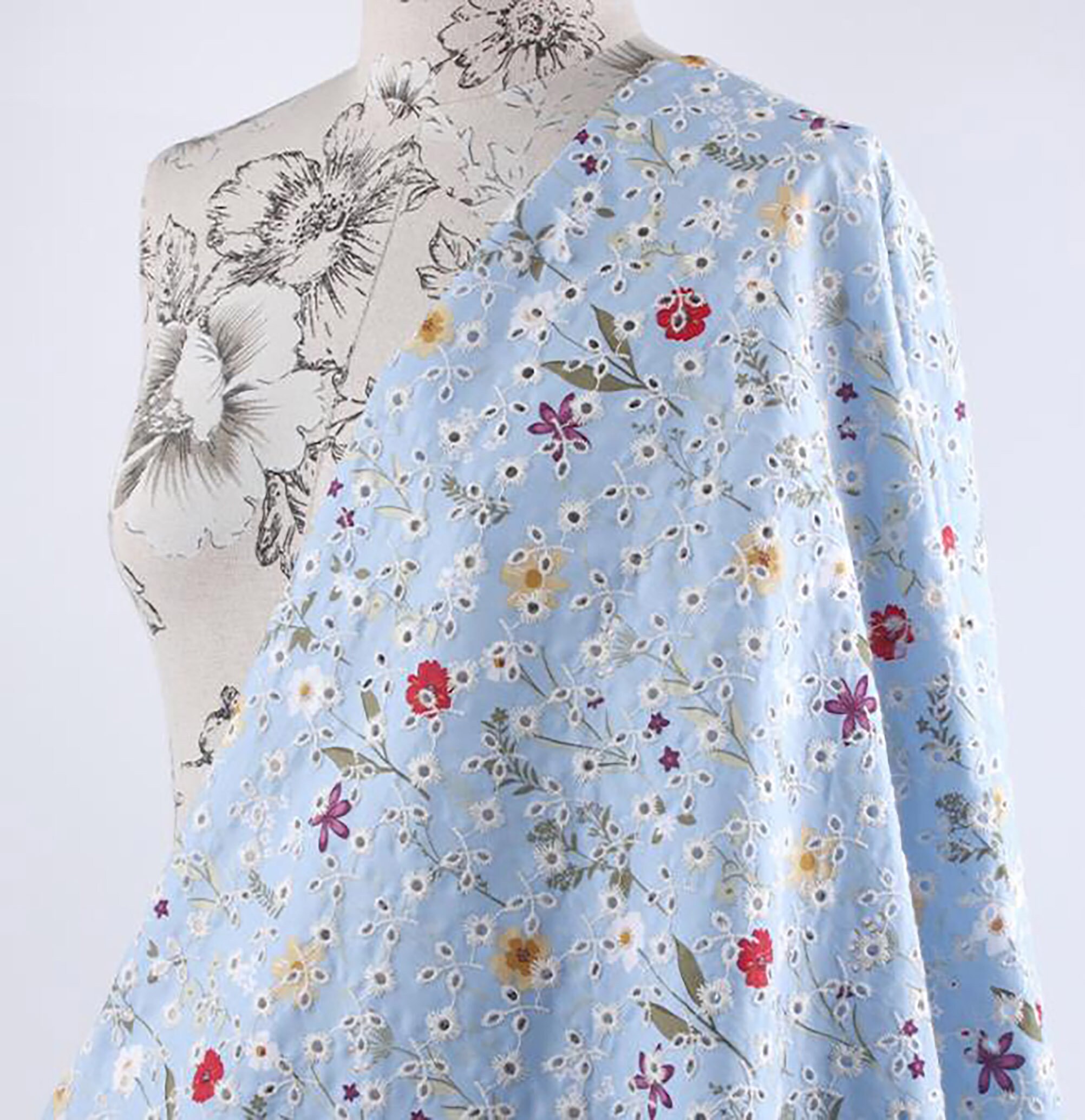 3 Colors，floral Printed Fabric Embroidery, Eyelet Embroidery Fabric ...