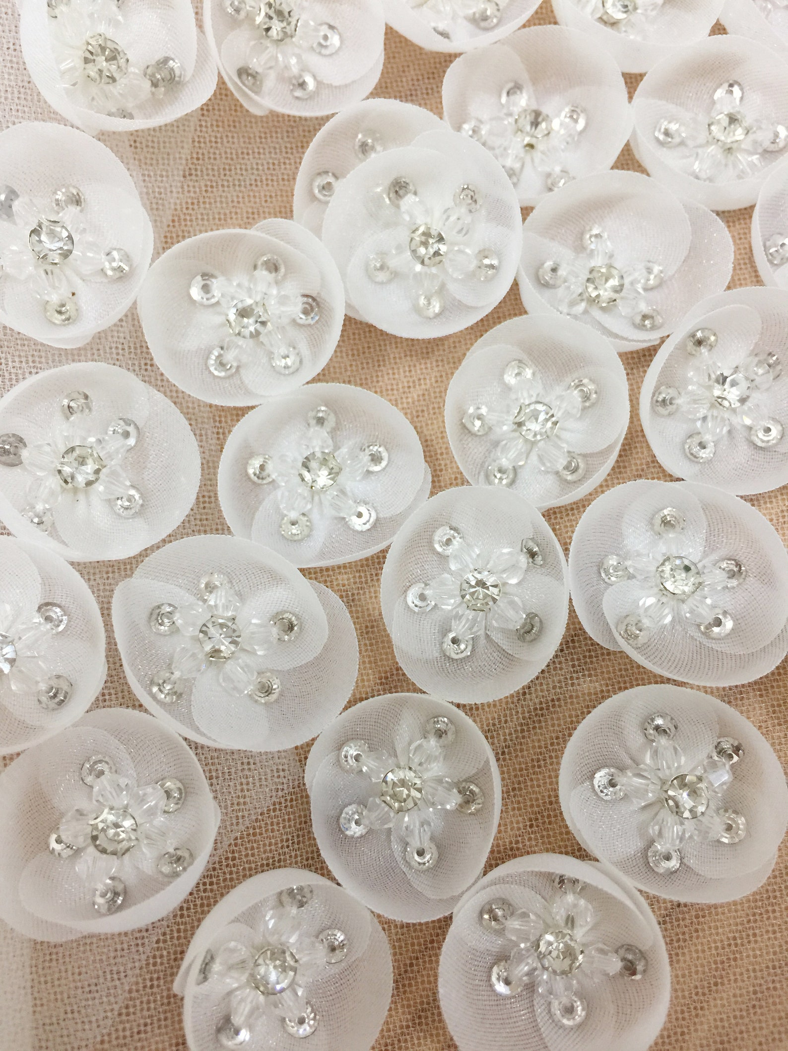 5pcs White Flower Applique 3D Applique Hand-stitched Rhinestones ...