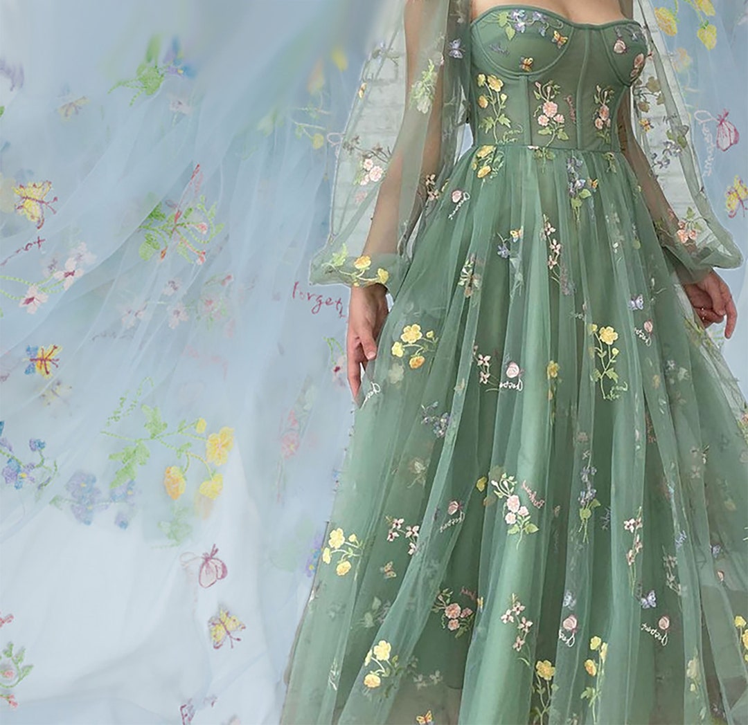 Vintage Flowers Embroidered Sheer Fabric , Multicolor Floral Lace, 3d ...