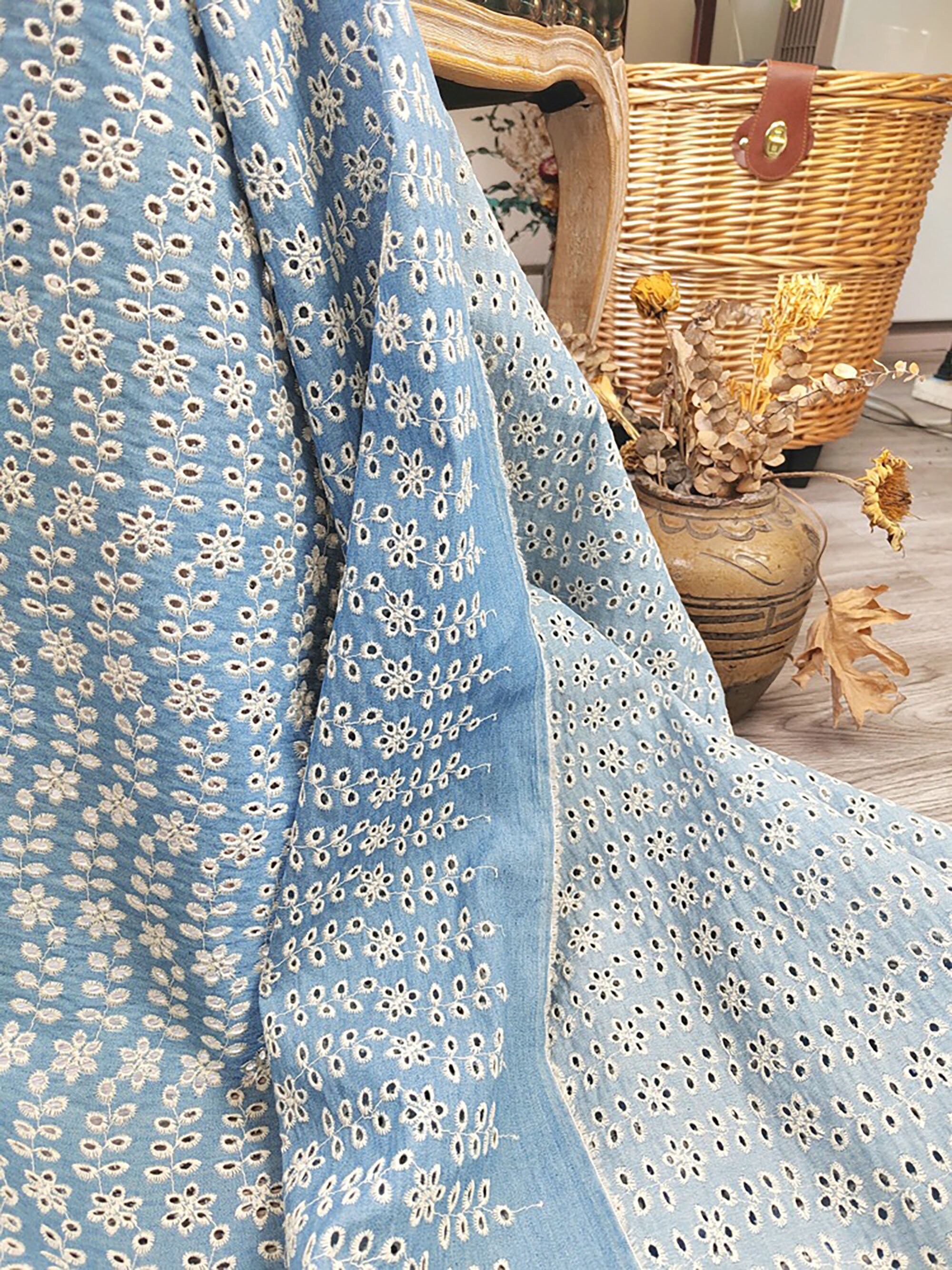 Blue cotton Denim Eyelet Embroidery ,3D Embroidery Flower Fabric ...