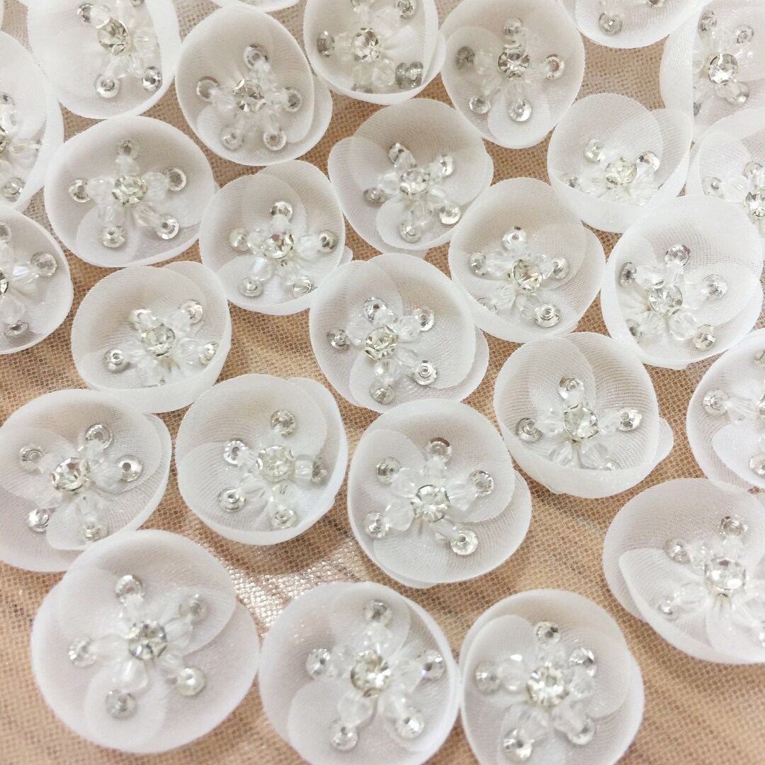 5pcs White Flower Applique 3D Applique Hand-stitched Rhinestones ...
