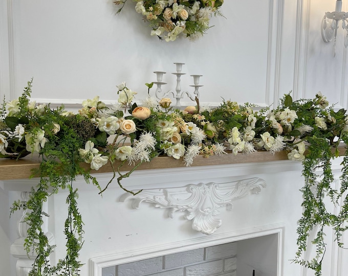 Spring Summer Fireplace Long Green Garland Flower Roses Beige Garland ...
