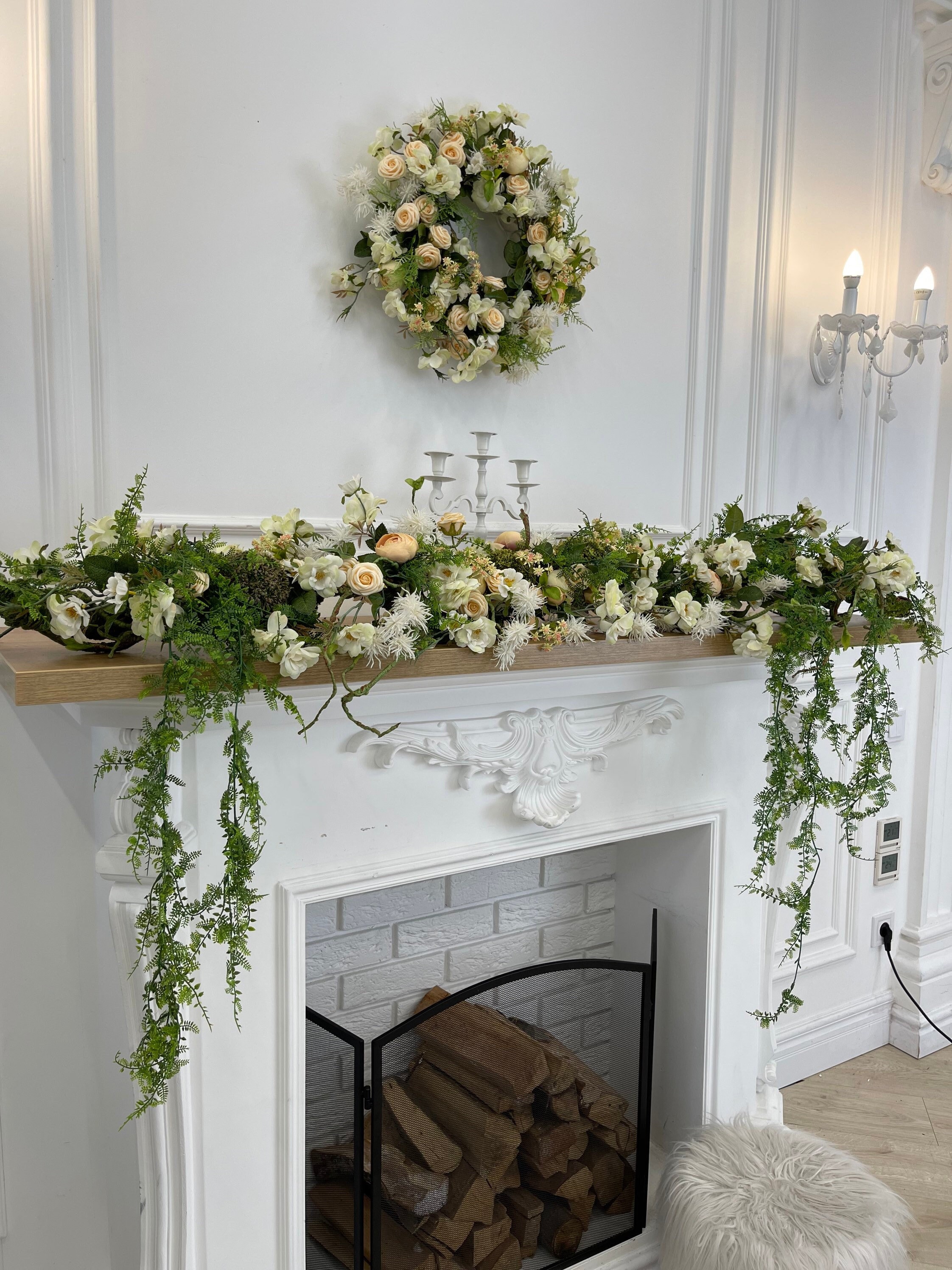 Spring Summer Fireplace Long Green Garland Flower Roses Beige Garland ...