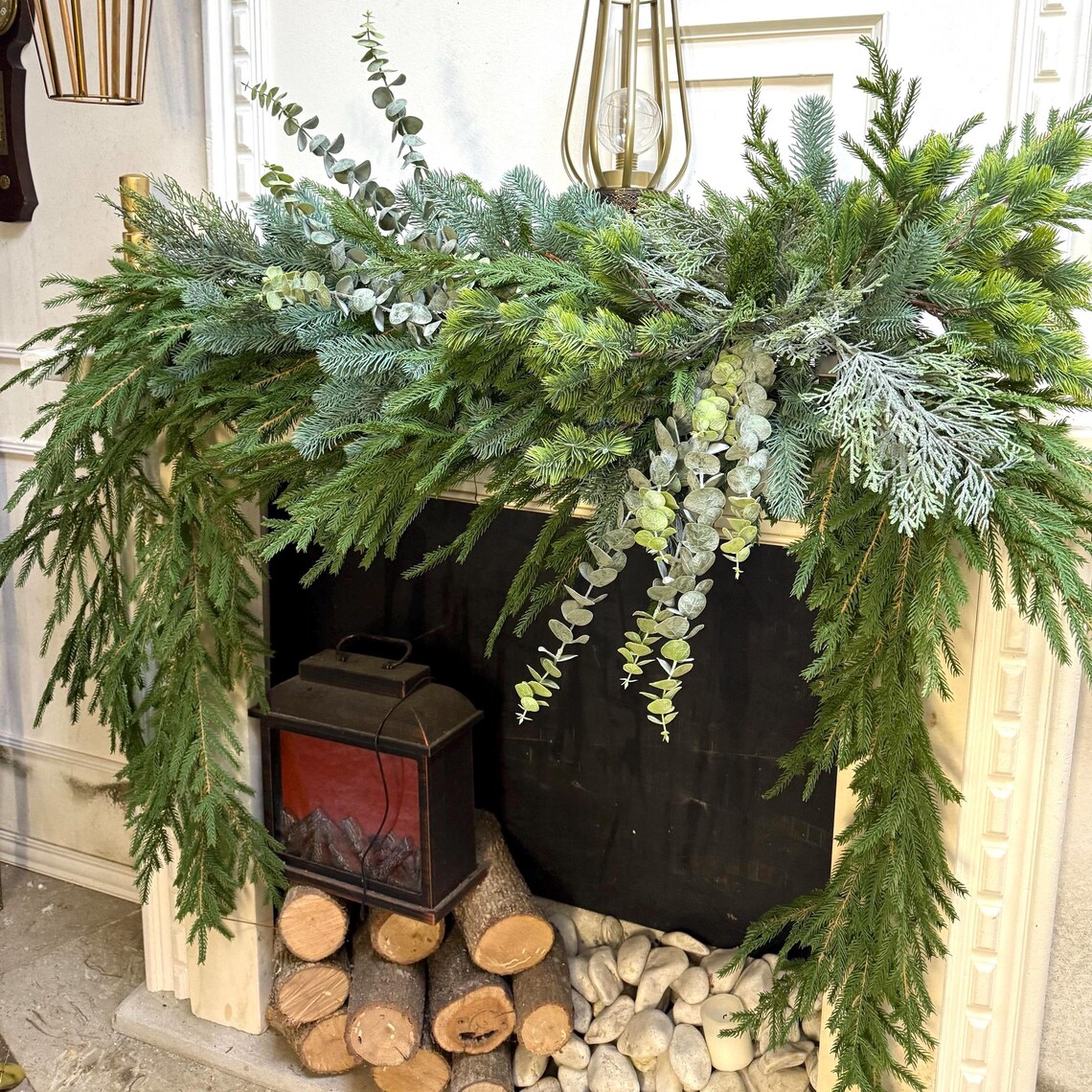 Winter Cascade Fireplace Garland – 120cm Base + 100cm Drops | Luxury ...