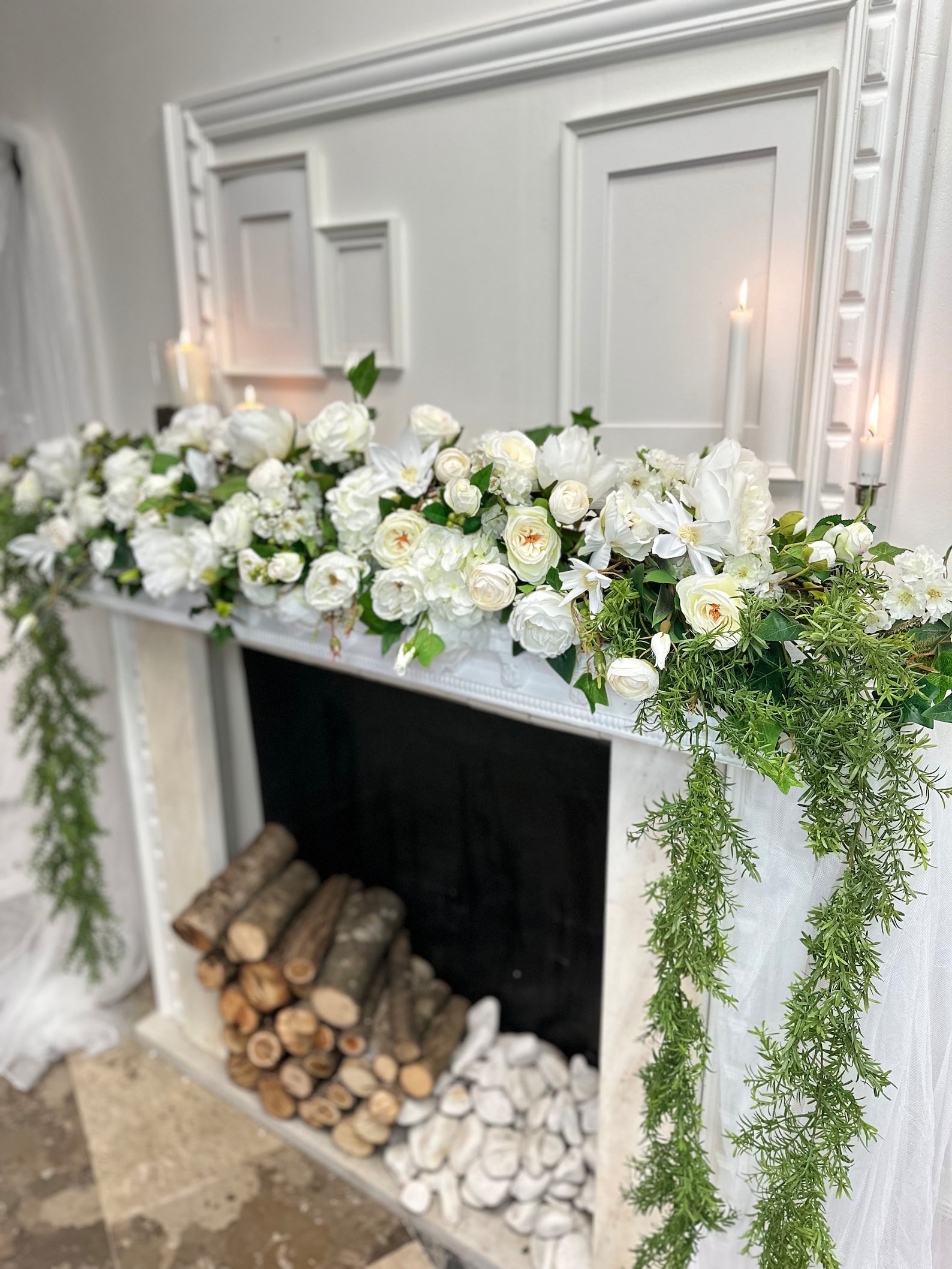 Spring Summer Fireplace Long Green Garland Flower Roses Beige White ...