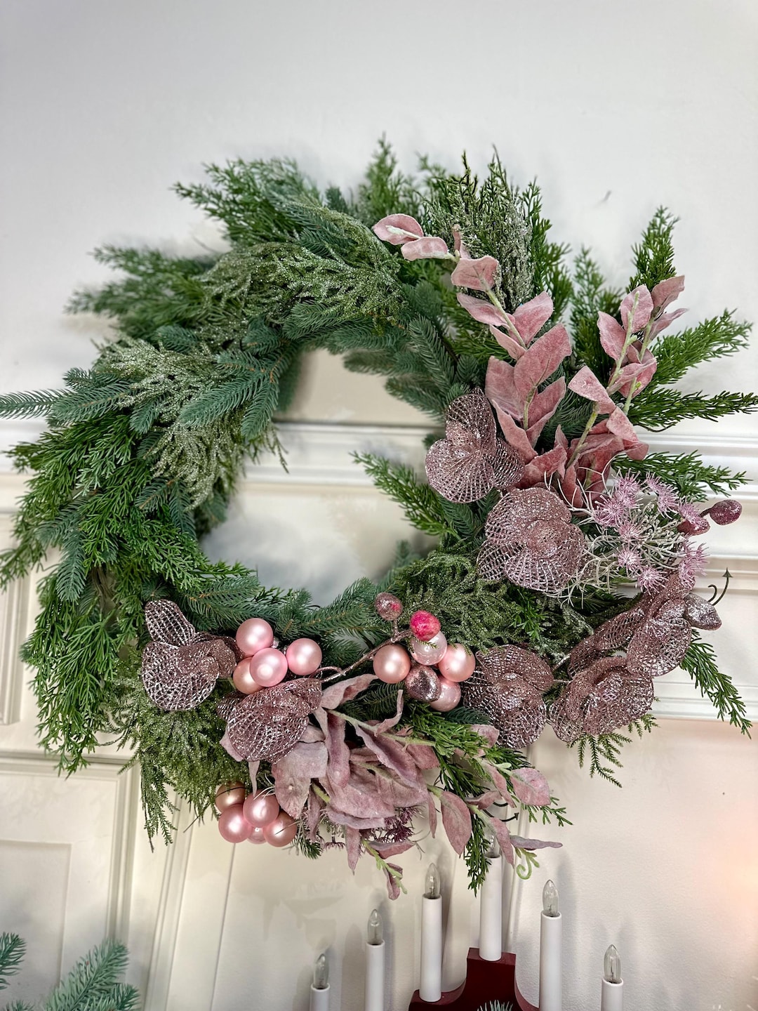 Pink Christmas Wreath, Front Door Pine Christmas Wreath, Pink Winter ...