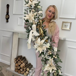Beige Christmas Fireplace Garland Large With Soft Beige Ribbon ...
