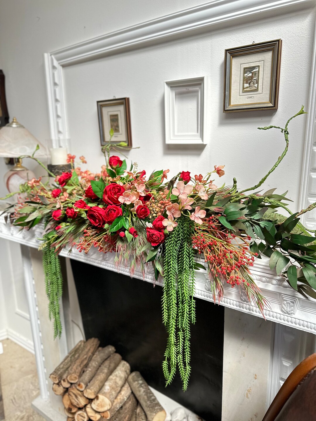 Flower Fireplace Garland With Red Roses Home, Wedding Long Mantel Decor ...