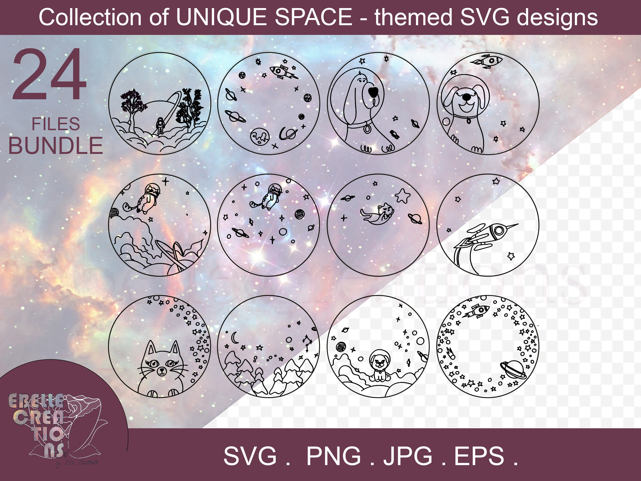 Bundle of 24 Space-themed Circle Designs, Dog, Cat Tags, Cosmos SVG ...