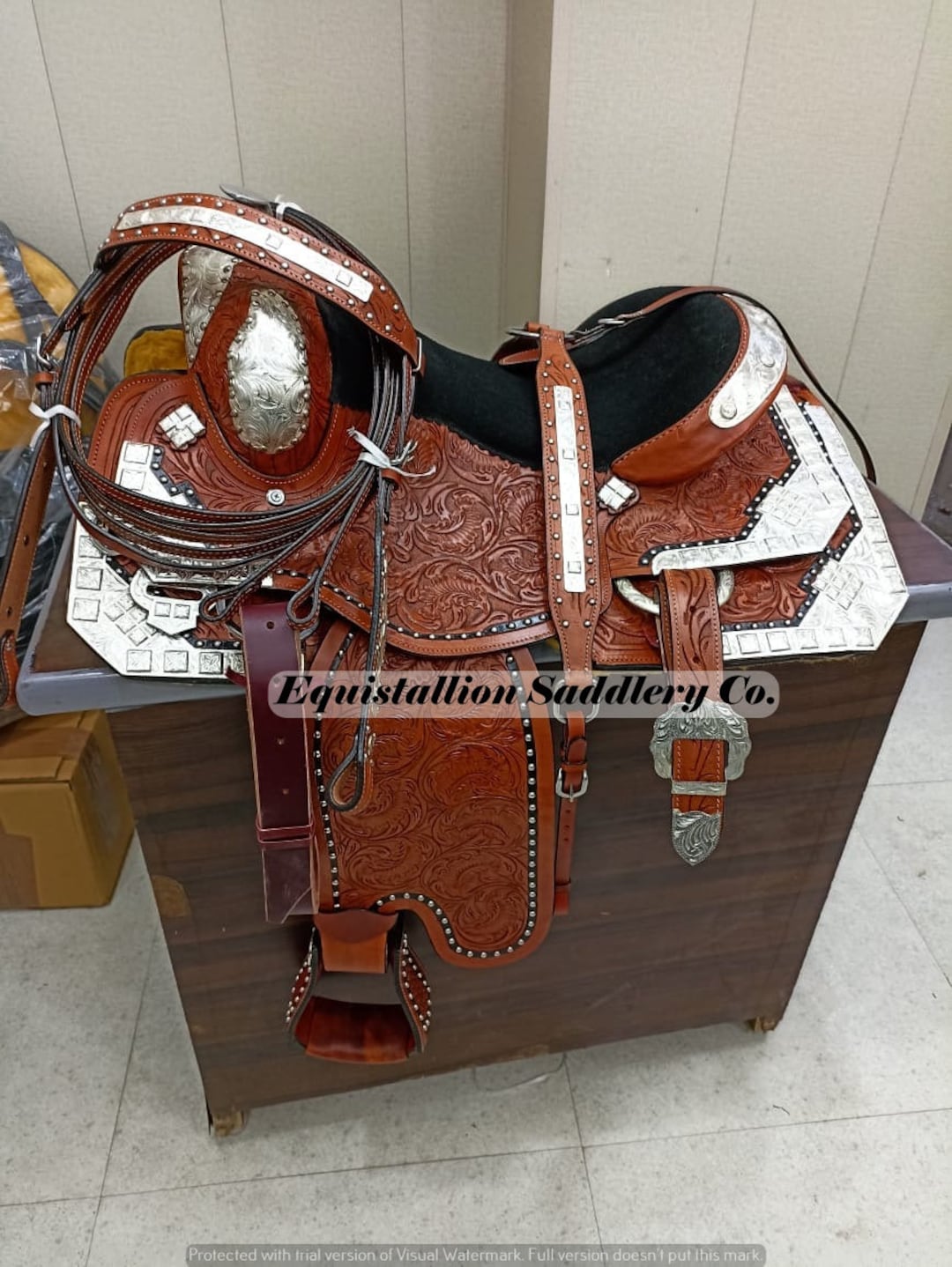 Western Show Saddle Horse Tack Silver Premium Genuine Cowhide Leather ...
