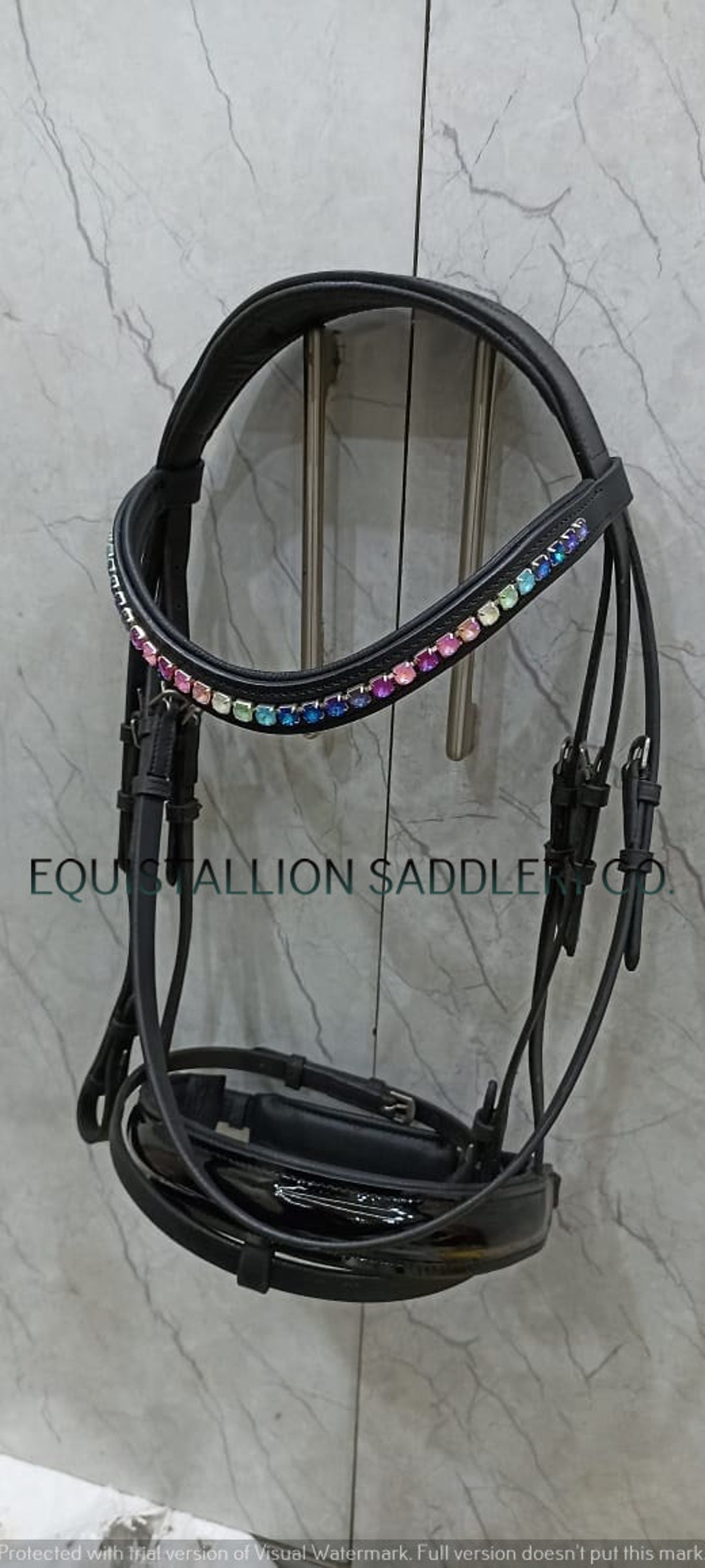 Premium Leather Horse Bridle With Reins Crystal Browband With Patent ...