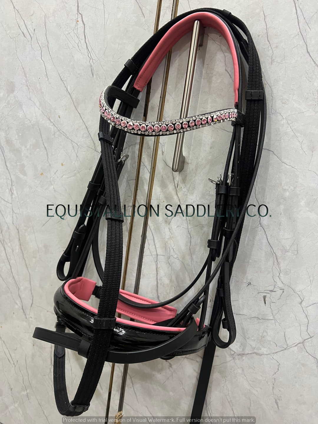 Premium Leather Horse Bridle With Reins Pink Crystal Browband With ...
