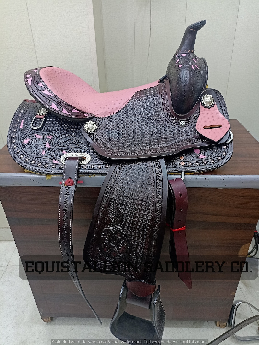 Tooled Leather Western Barrel Horse Saddle With Pink Suede Seat & Tack ...