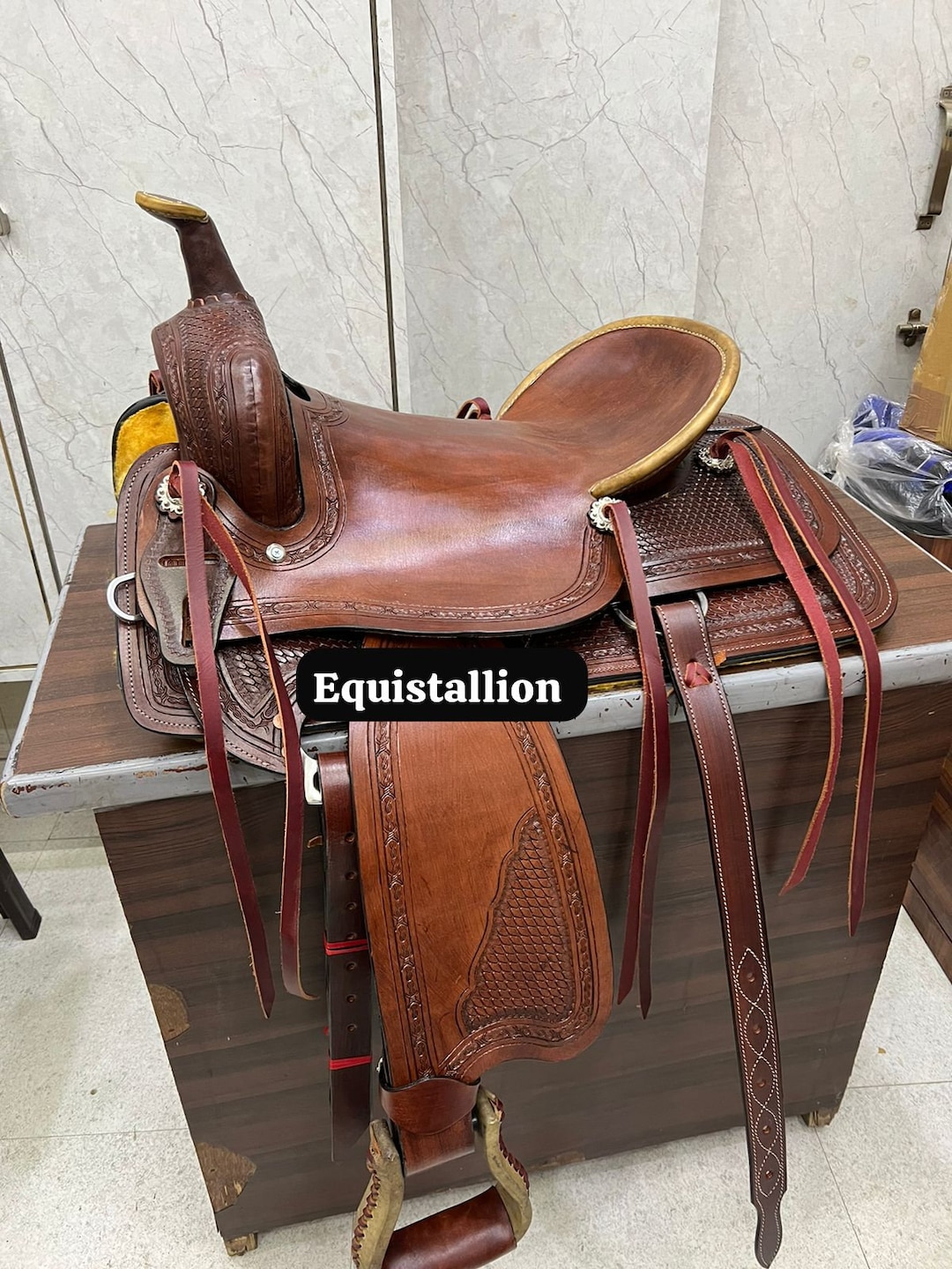 Leather Western Horse Riding Roping Ranch Roper Barrel Saddles Tooled Carved Leather Horse Tack ...