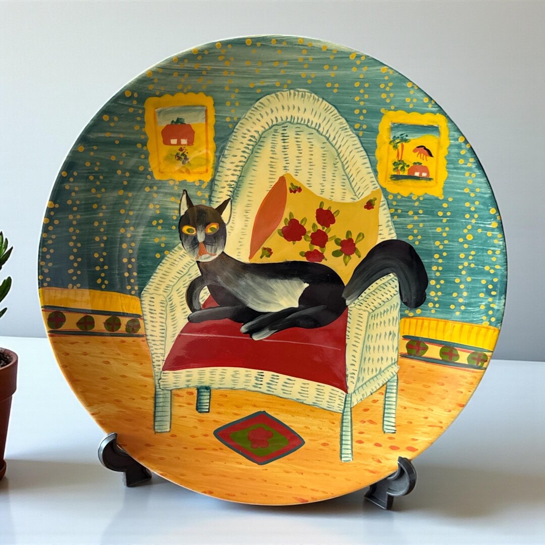 Warren Kimble Style Folk Art Cat Plate, Decorative Wall Plate With ...