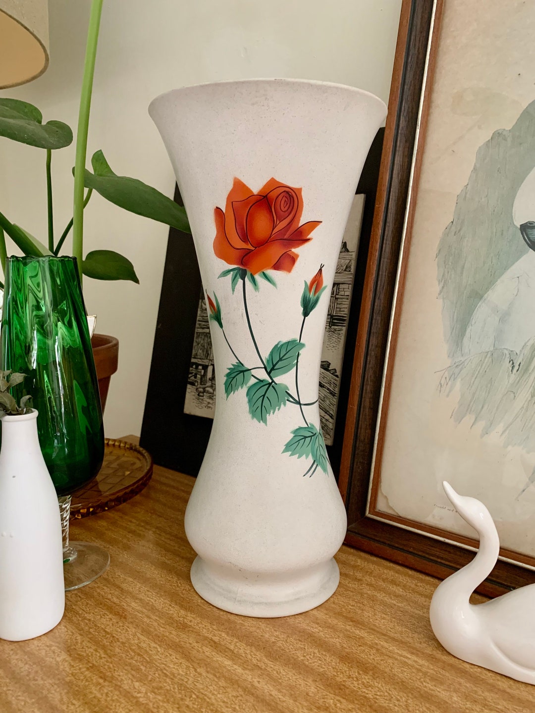 Grand Vintage Rose Florale Peinte à La Main Poterie Céramique - Etsy