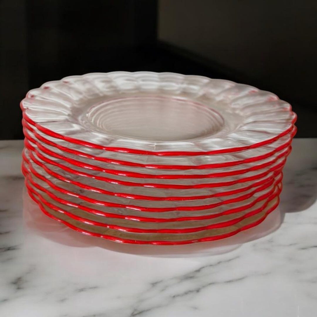 Vintage Plate Clear Glass Red Trim Starter or Dessert Size by Arcoroc ...