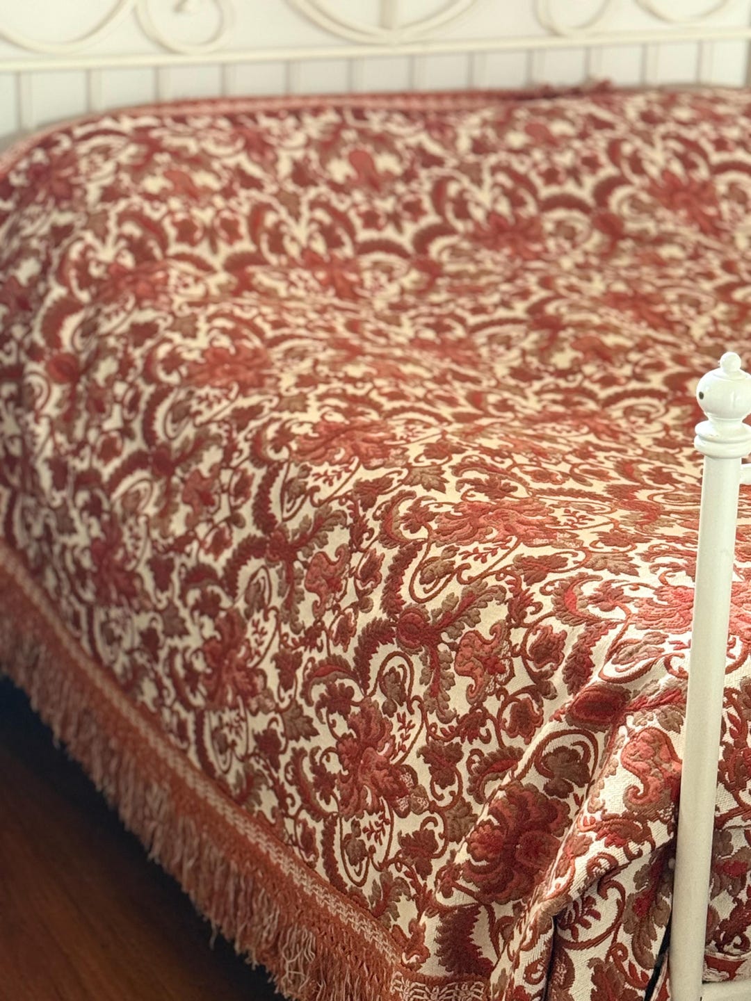 Mid Century Brocade Bedspread With Jacquard Design Blanket With Fringe ...