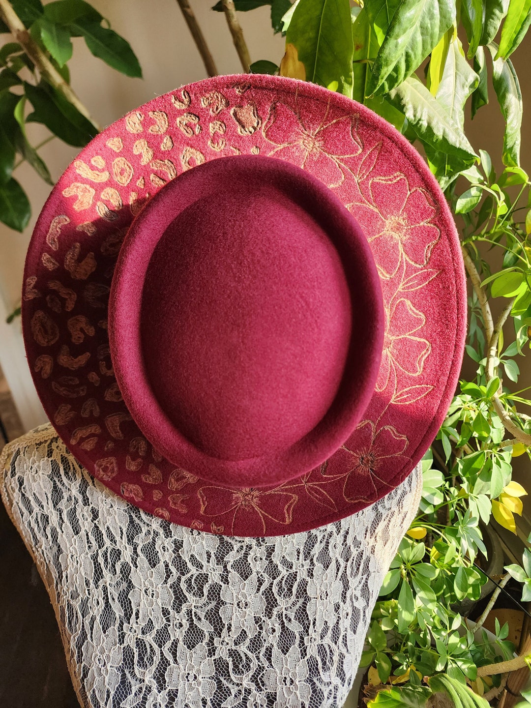 Maroon Wool Burnt Hat Cheetah Print and Floral - Etsy