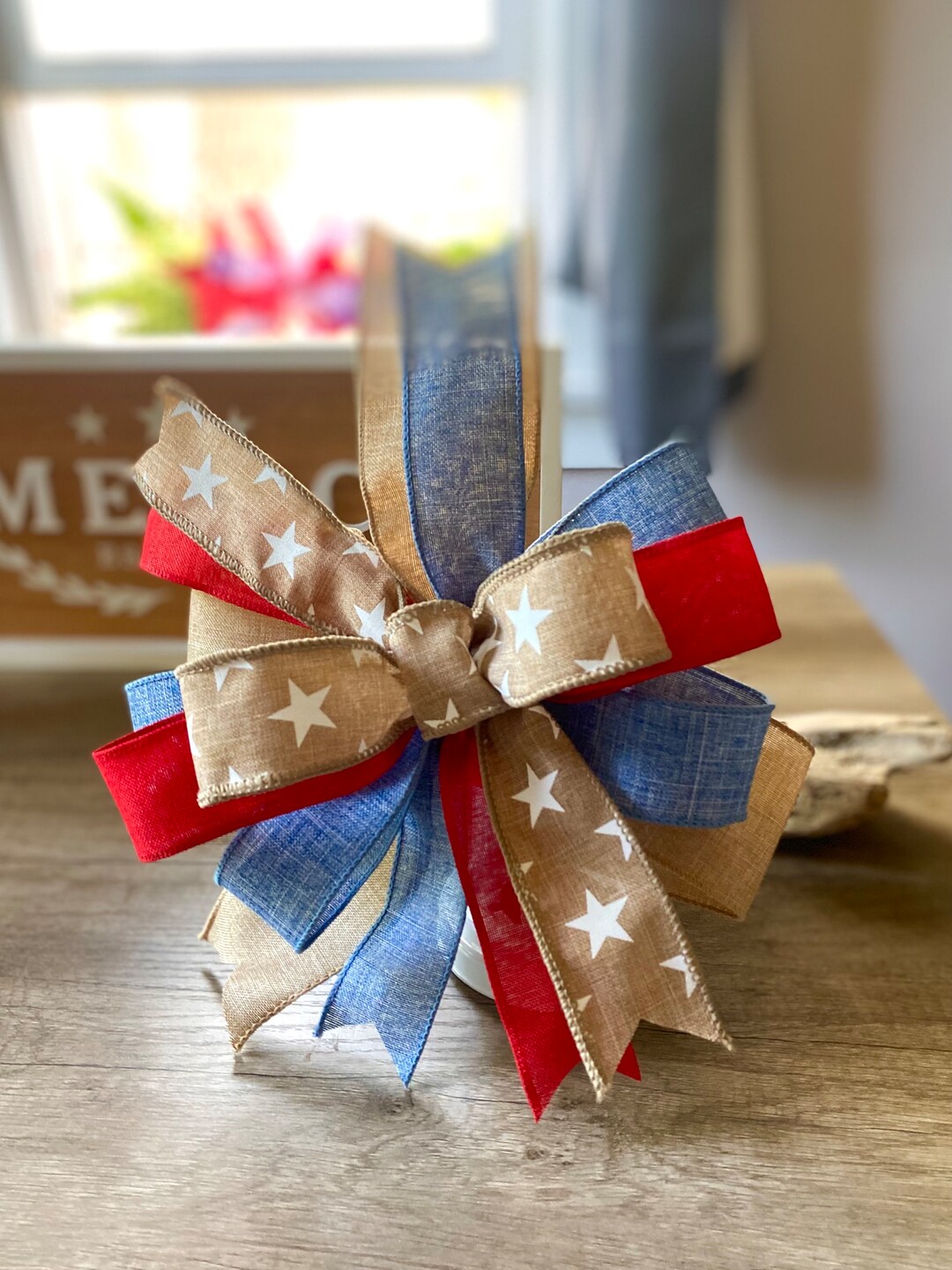 July Fourth Lantern Bow, Summer Wreath Bow, Red White Blue Bow, Mailbox ...