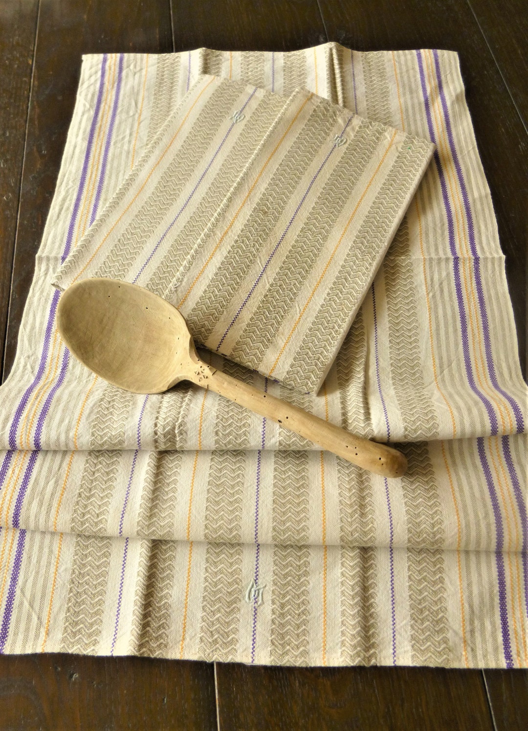 High Quality Linen Hand Towel Tea Towel, Purple & Yellow Stripes, Wave ...