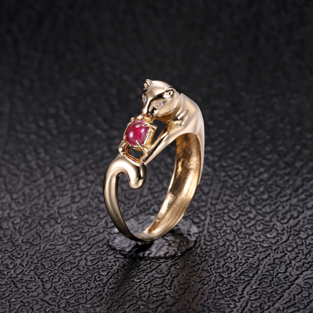 14k Solid Yellow Gold Panthere Ring Dainty Ruby Ring Unique - Etsy