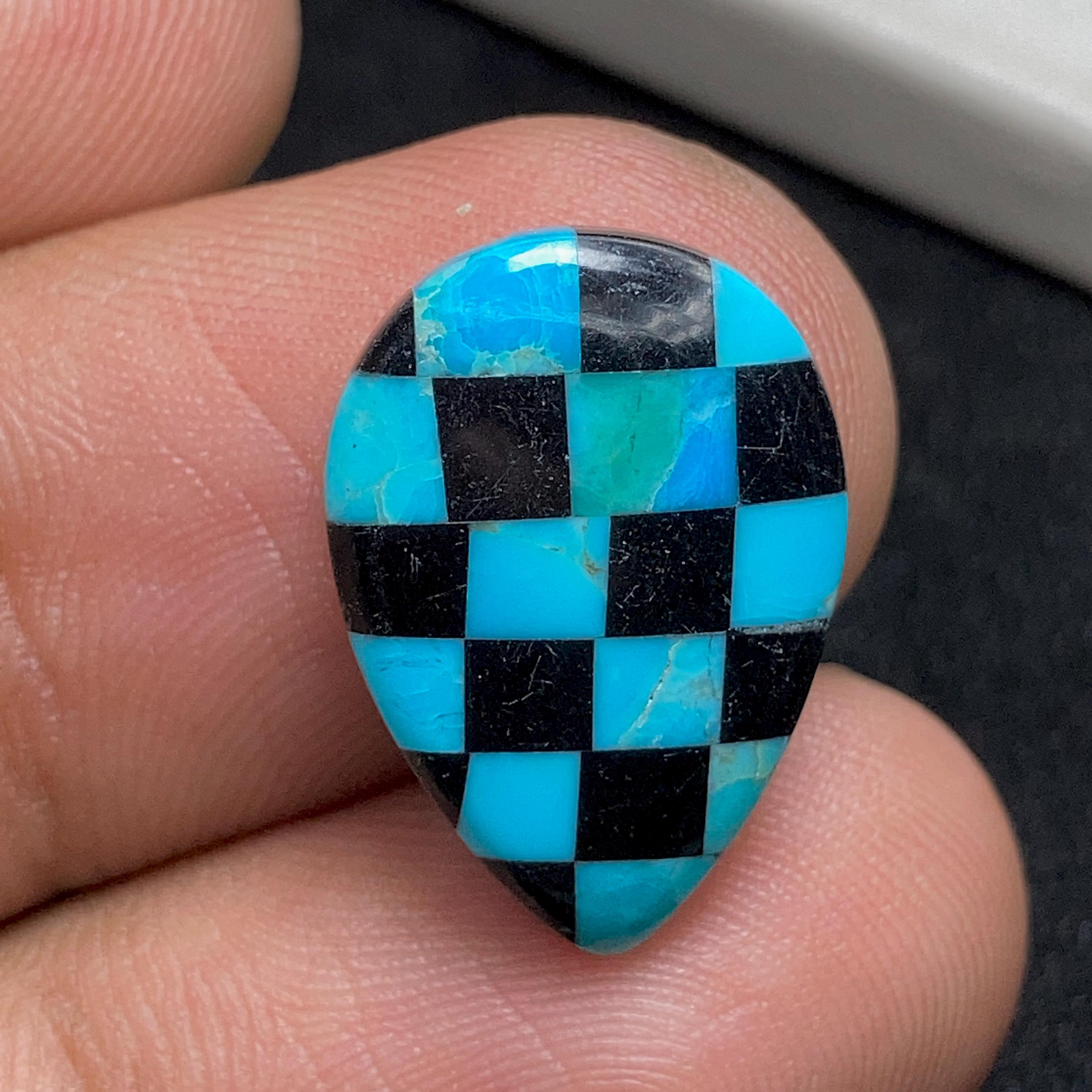 Checkerboard Patterned Black Onyx-arizona Turquoise Cabochon 20.2x14 ...