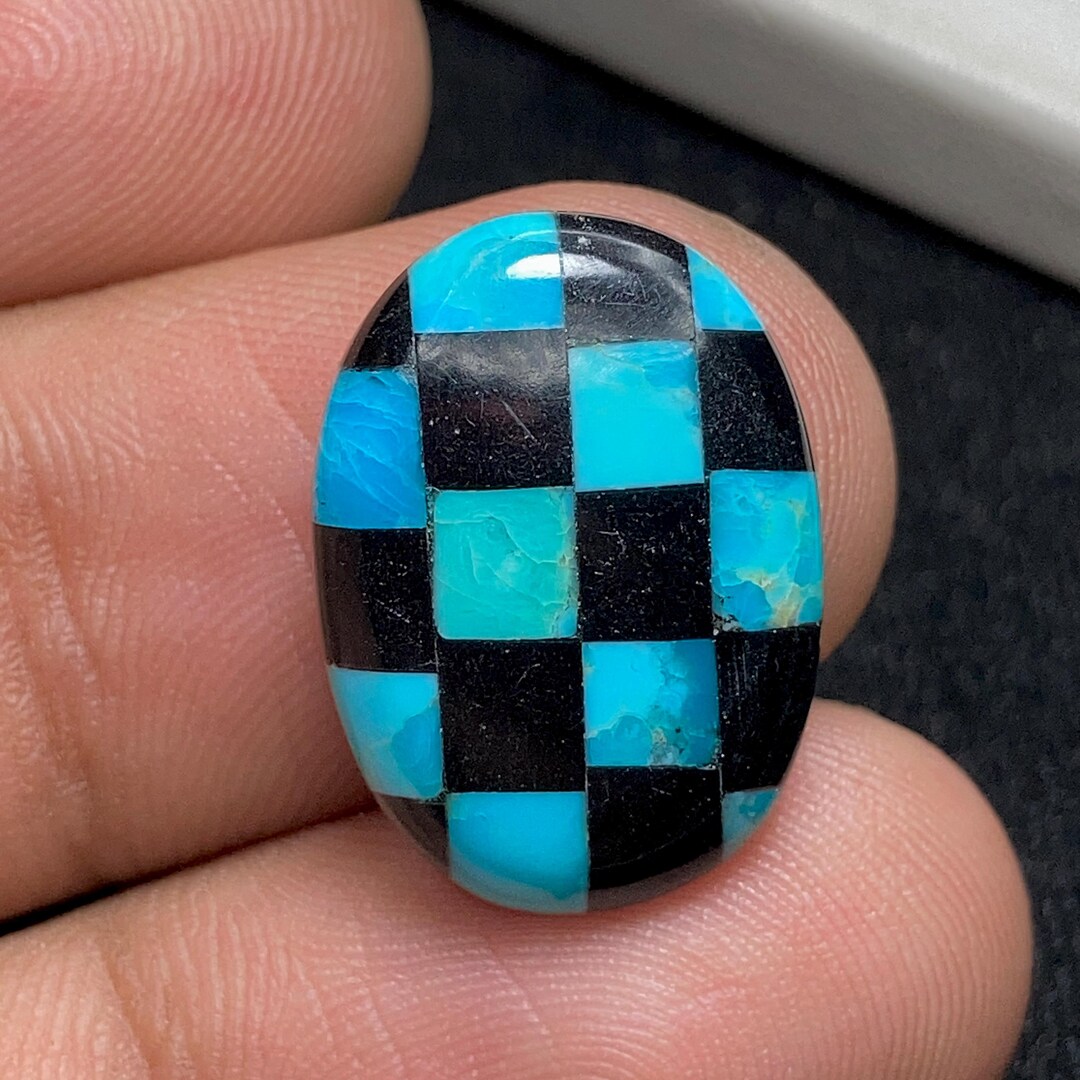 Checkerboard Patterned Black Onyx-arizona Turquoise Cabochon 20.7x15x3 ...