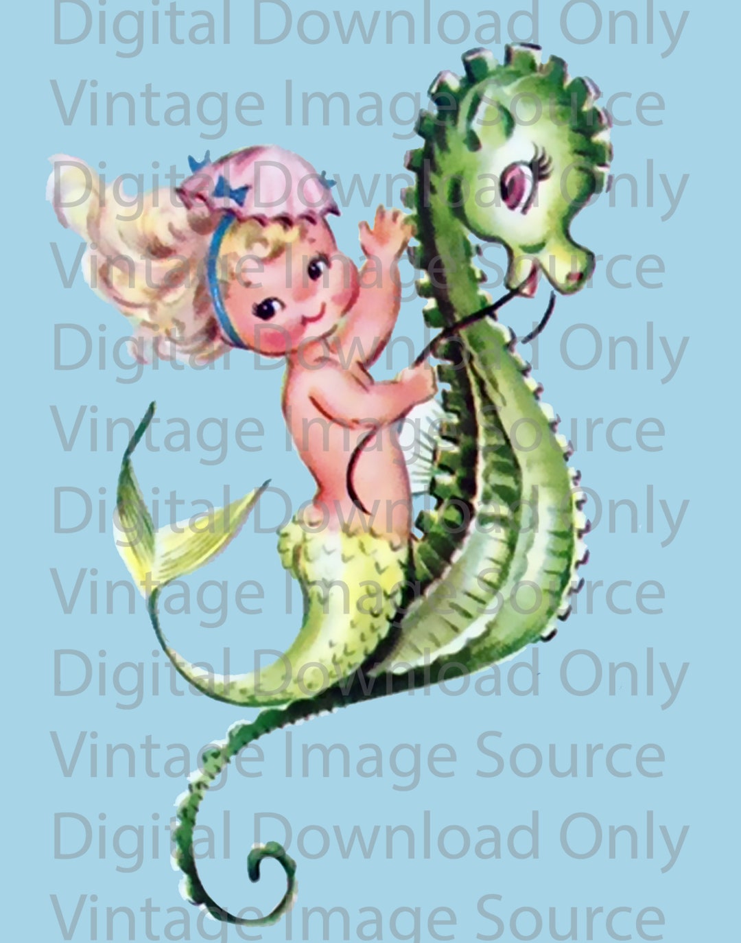 Digital Download PRINTABLE 1950s Mermaid on Seahorse Vintage ...