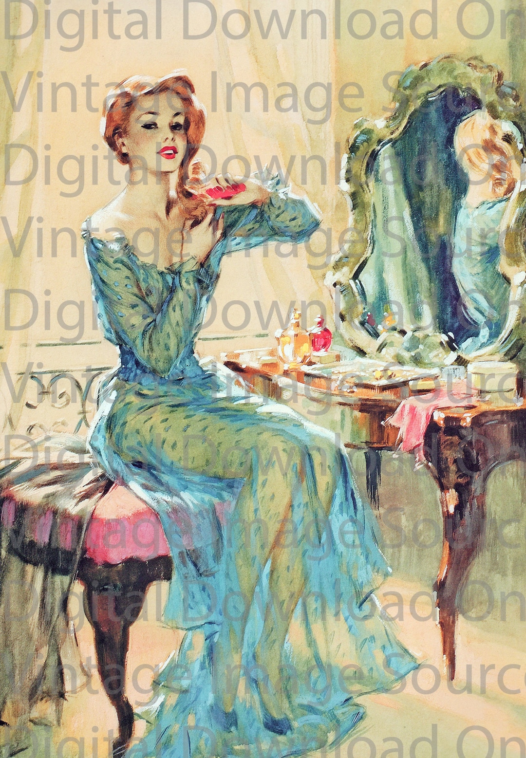 Digital Download PRINTABLE Vintage 1940s Pinup Girl at Vanity Red Hair ...