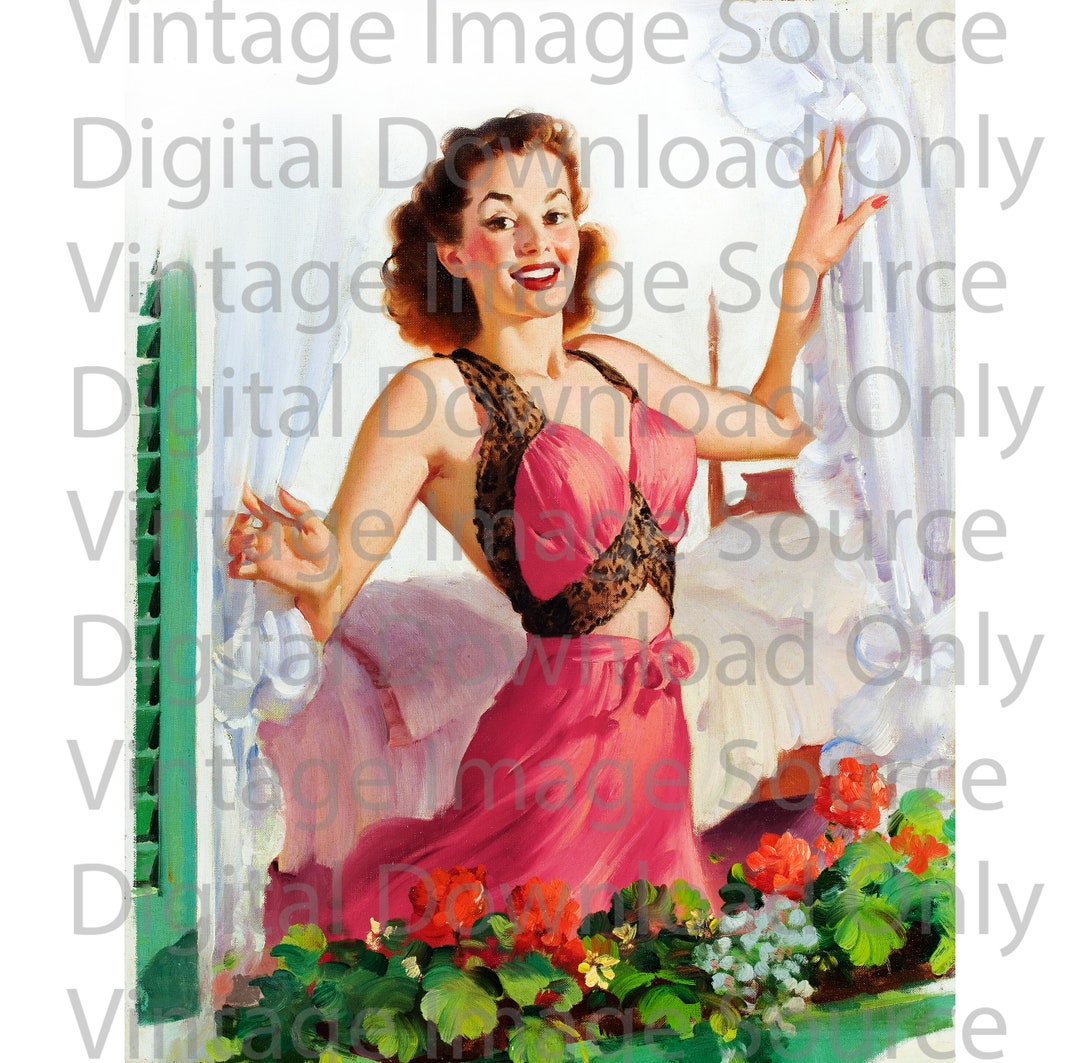 DIGITAL DOWNLOAD Printable Elvgren Good Morning Woman Pink in Window ...