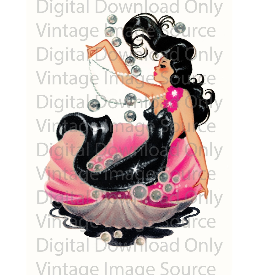 Digital Download PRINTABLE 1950s Vintage Pink Black Mermaid Pinup Goth ...