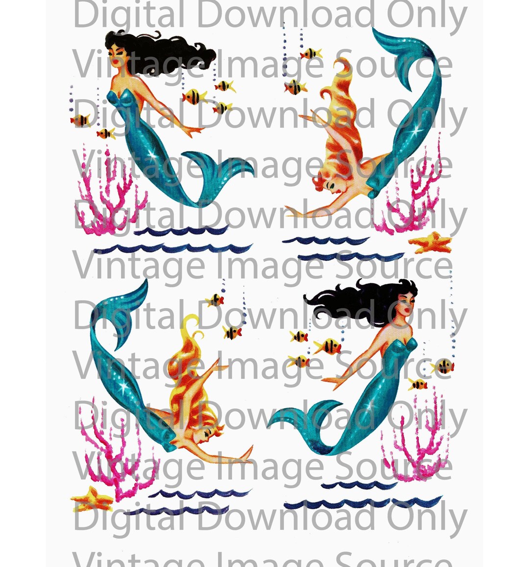 Digital Download PRINTABLE 1950s Vintage Mermaids Pinup Blue Teal Tail ...