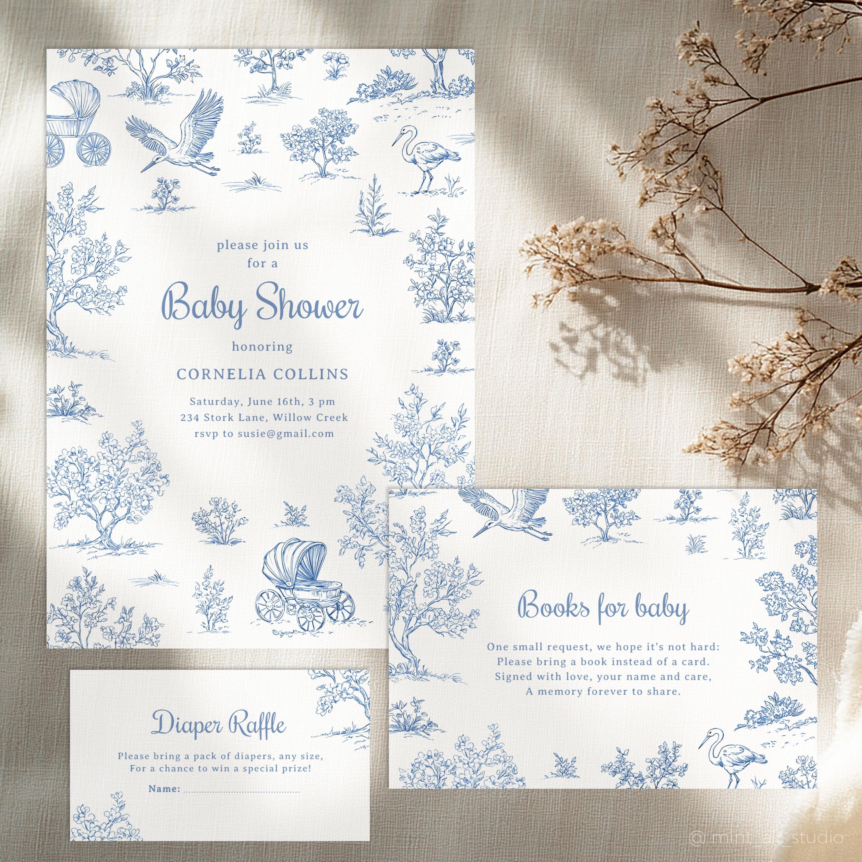 Toile Baby Shower Invitation Template: Blue Stork Design (digital ...