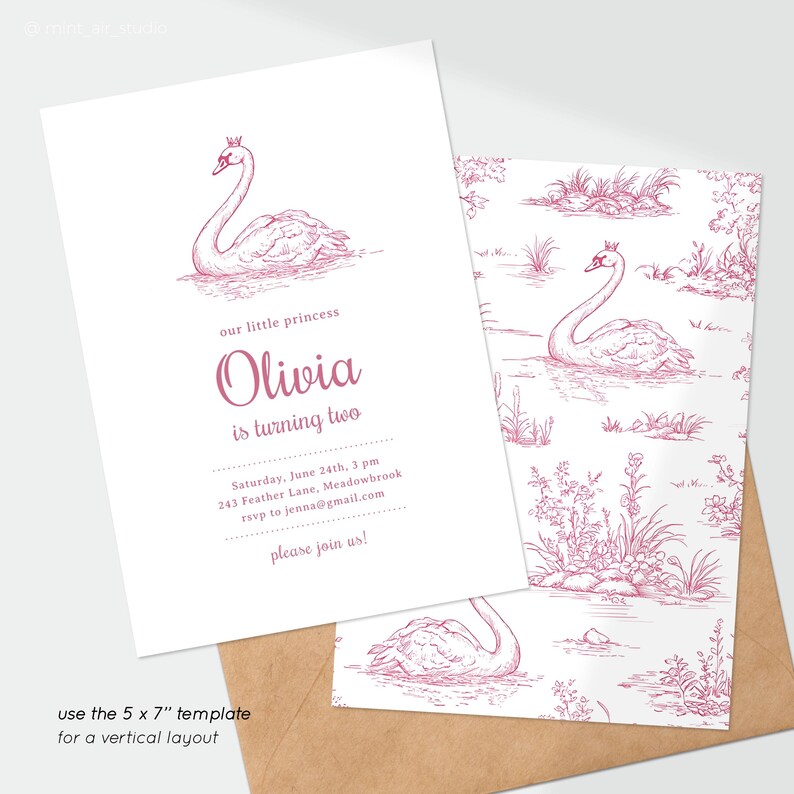 Swan Birthday Invitation Template: Pink French Toile Girl's Invite ...