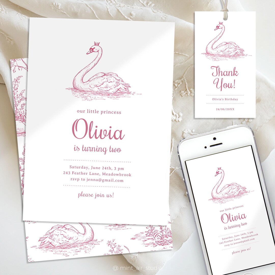 Swan Birthday Invitation Template: Pink French Toile Girl's Invite ...