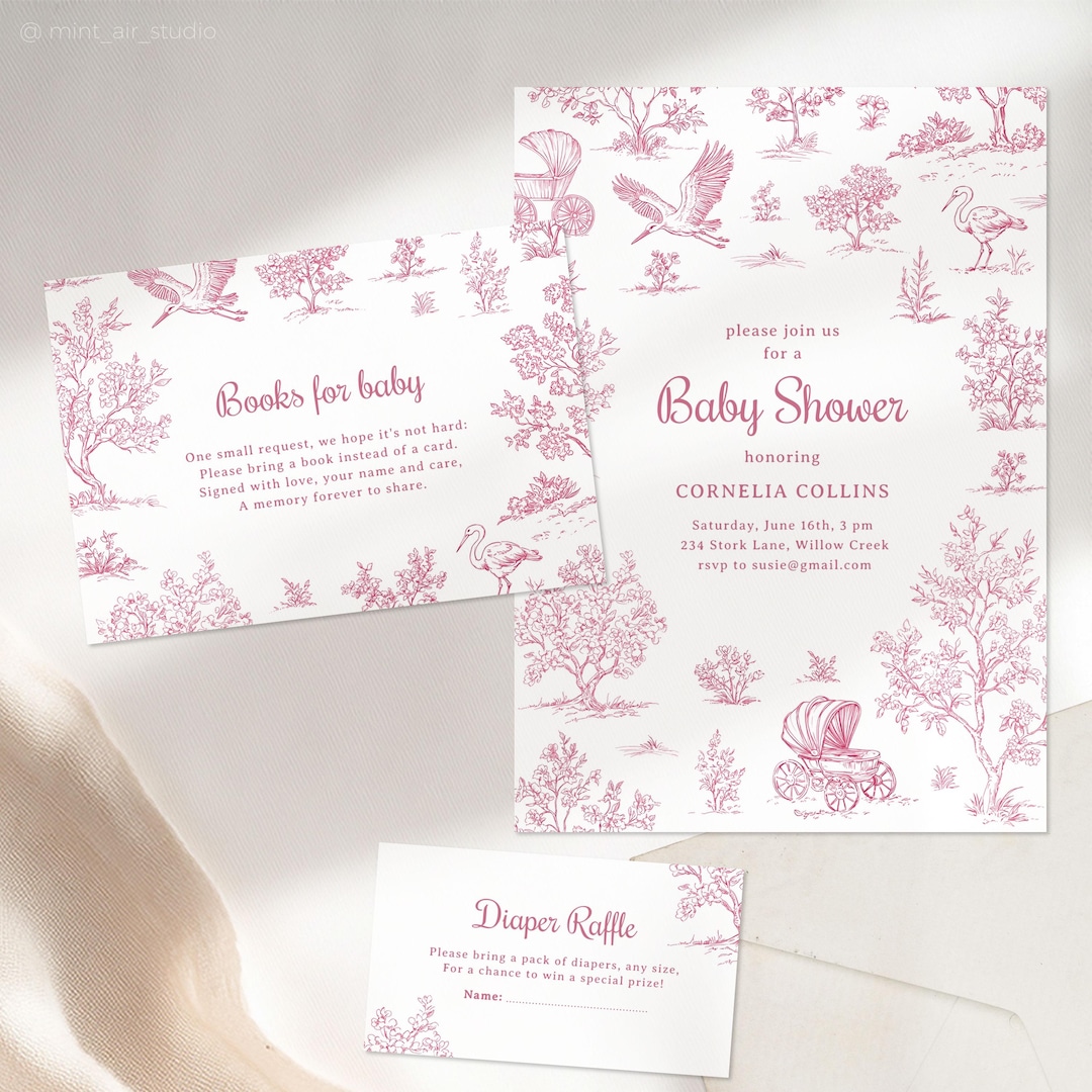 Pink Toile Baby Shower Invitation Template With Carriage and Stork ...