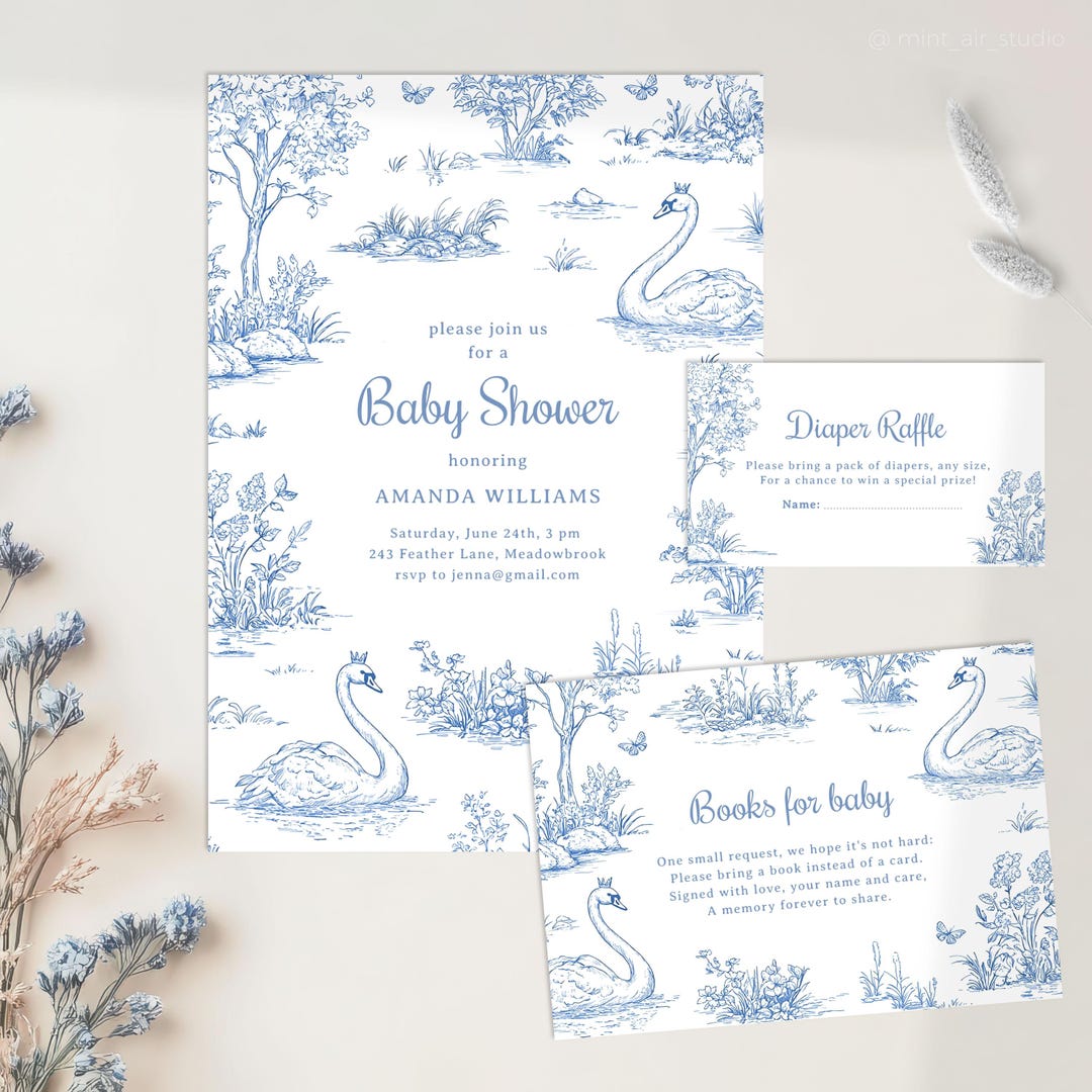 Toile Swan Baby Shower Invitation Template: Blue French Design (digital ...