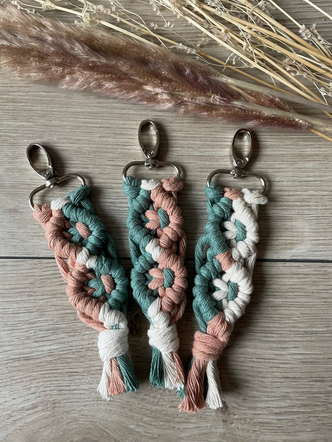 Macrame keychain multicolor green peach nature macrame | Etsy
