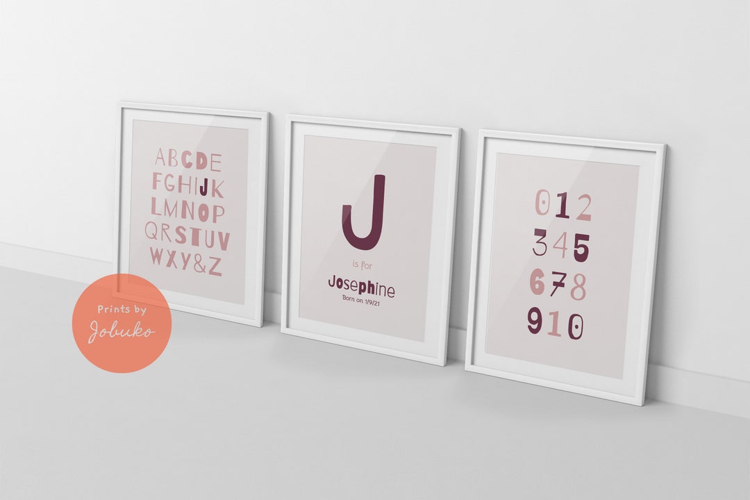 Personalized Art Set of 3 Prints Alphabet and Numbers - Etsy