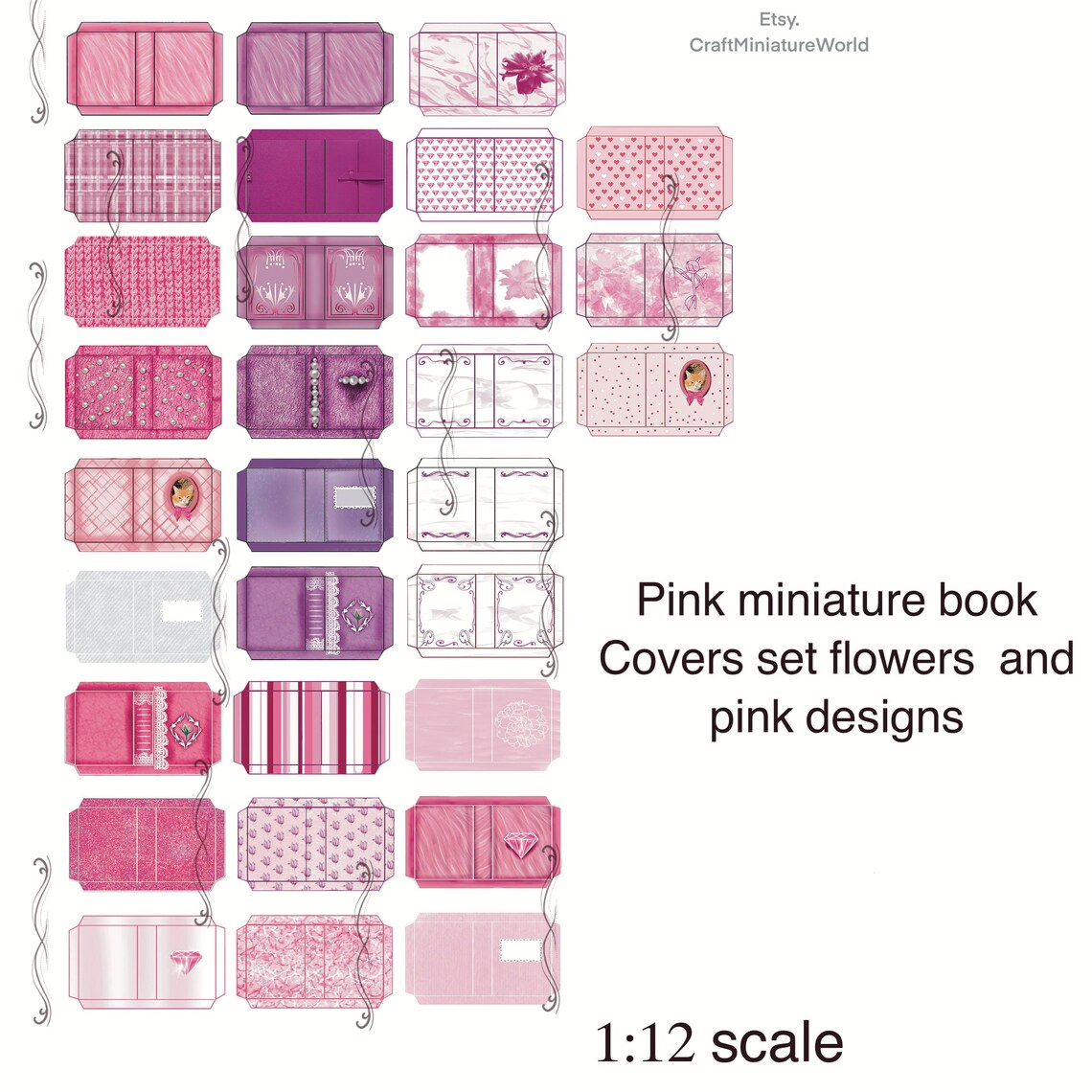 Pink Flower Vintage Covers Set Miniature Book 1:12 Scale Set of 30 ...