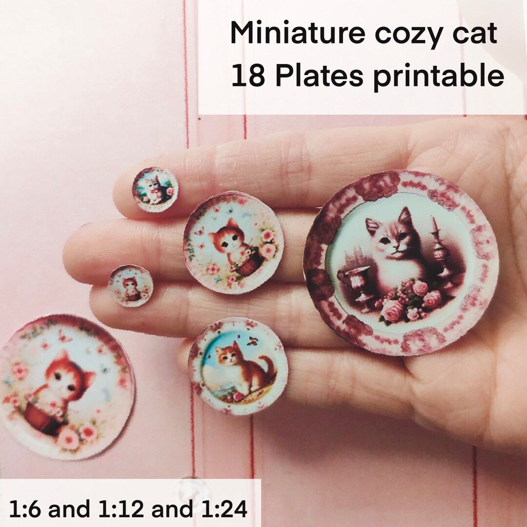 18 Pink Cat Cozy Miniature Plates. Porcelain. PDF. Instant Download ...