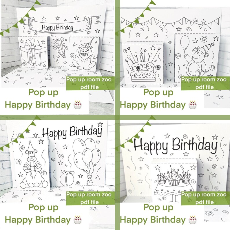 Pop up Birthday 4 Cards Printable Coloring Page Paper Craft Activity ...