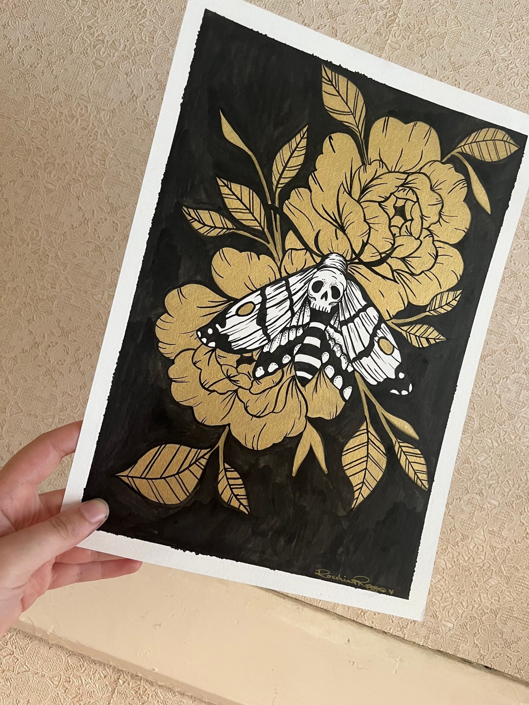 Hand Painted/handrawn Death Moth and Flowers, Painting,fine Art ...