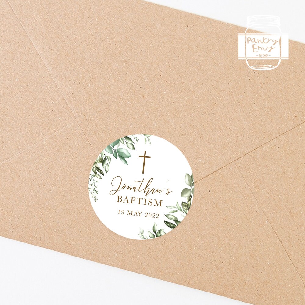 Baptism Christening Stickers Leaves Style Personalised Baptism Sticker ...