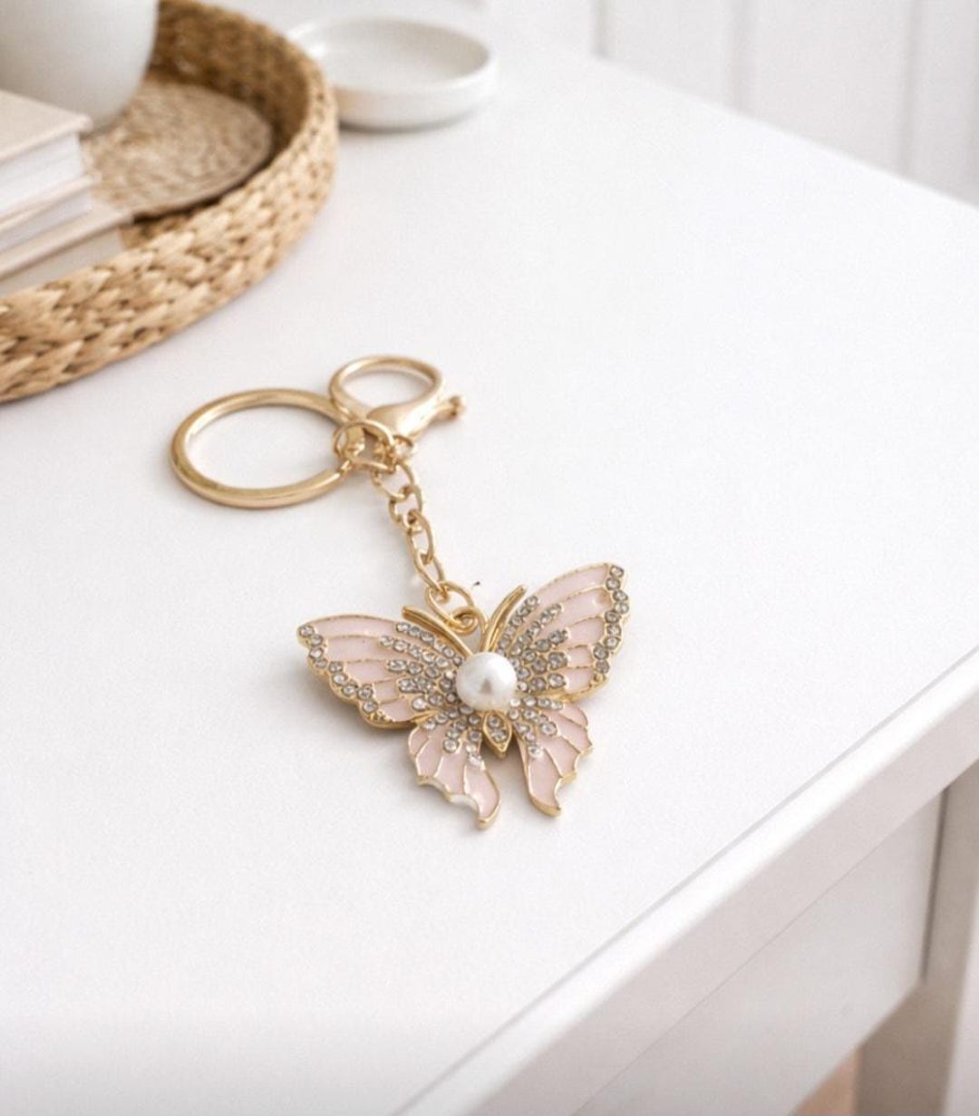 Gold Pink Pearl Butterfly Bag Charm Key Chain New - Etsy
