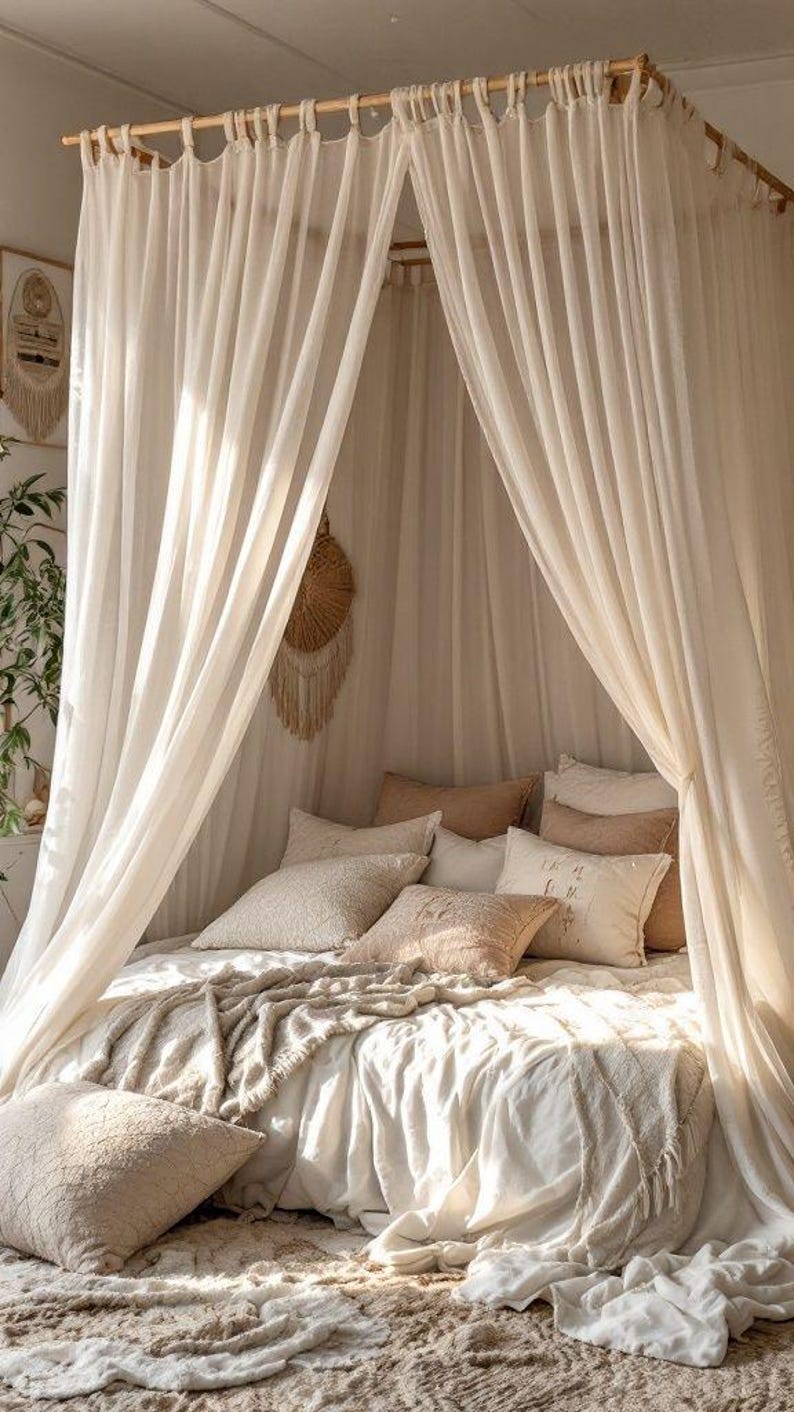 Linen Four Corners Bed Canopy Curtains, Boho Extra Long and Wide ...